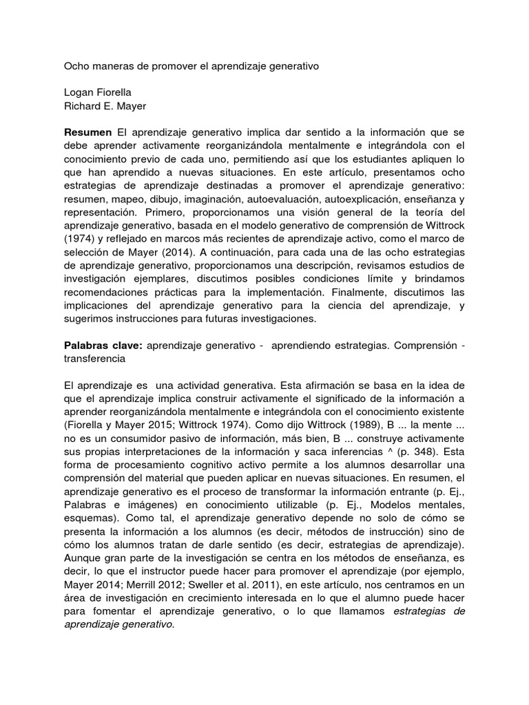 Eight Ways To Promote Generative Learning | PDF | Memoria | Aprendizaje
