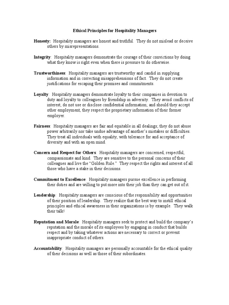 Ethical Principles For Hospitality Managers | PDF