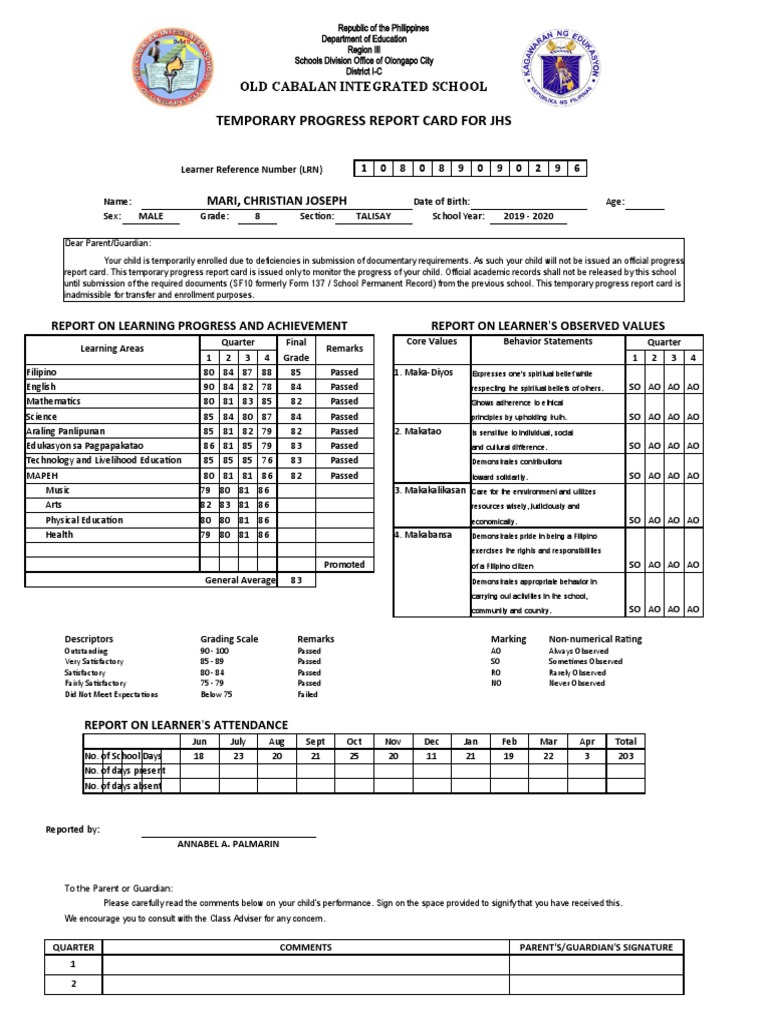Temporary Progress Report Card For JHS: Old Cabalan Integrated School ...