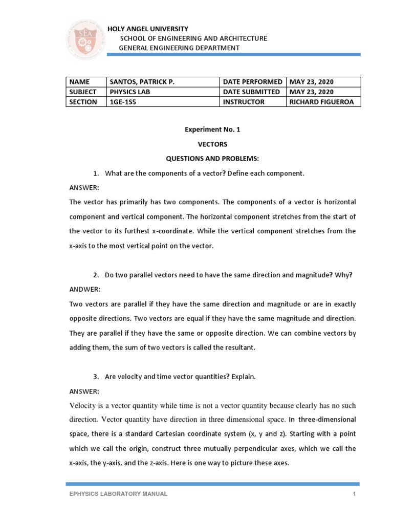 Ephysicsl Experiment 1 - Vectors Final Report - Santos, Patrick P ...