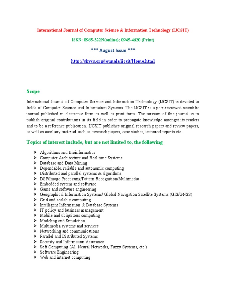 IJCSIT August Issue: Call for Papers | PDF | Art | Technology & Engineering