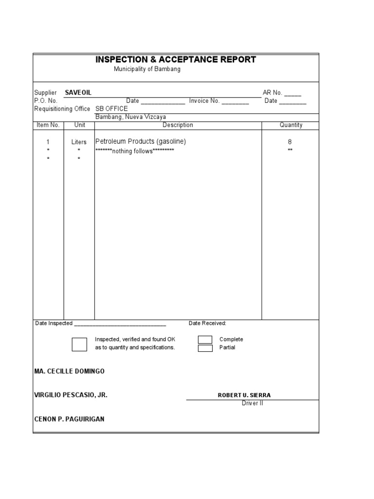 Inspection & Acceptance Report: Petroleum Products (Gasoline) | PDF