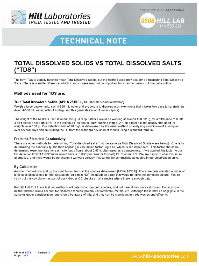 Total Dissolved Solids Vs Total Dissolved Salts ("TDS") : Methods Used ...