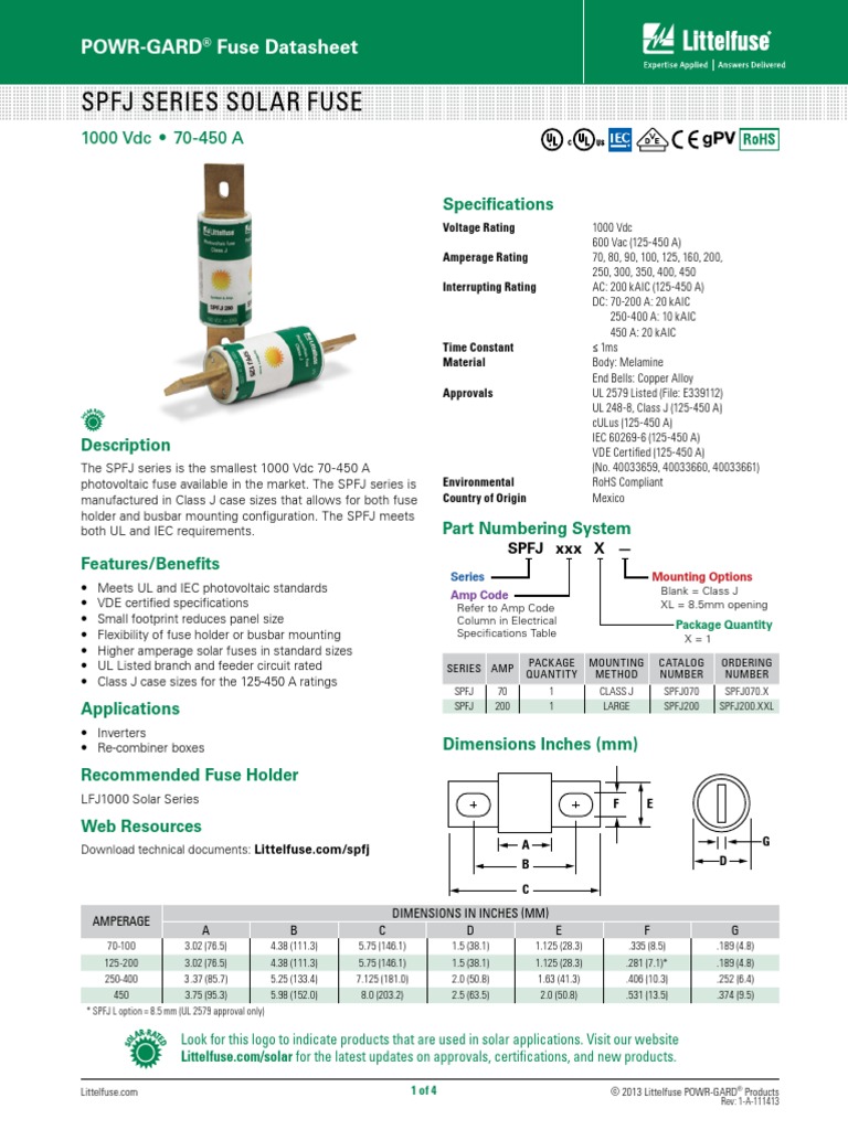 SPFJ Series Solar Fuse: Powr-Gard Fuse Datasheet | PDF | Fuse ...