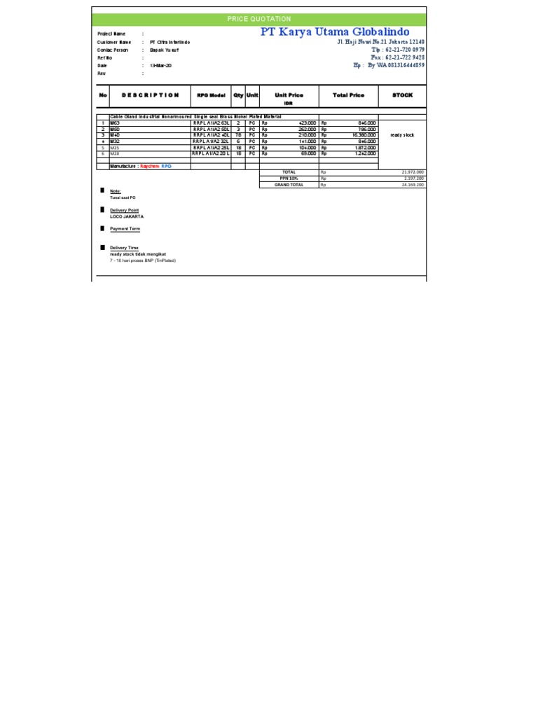 Price Quotation for Cable Gland Supplies from PT Karya Utama Globalindo ...