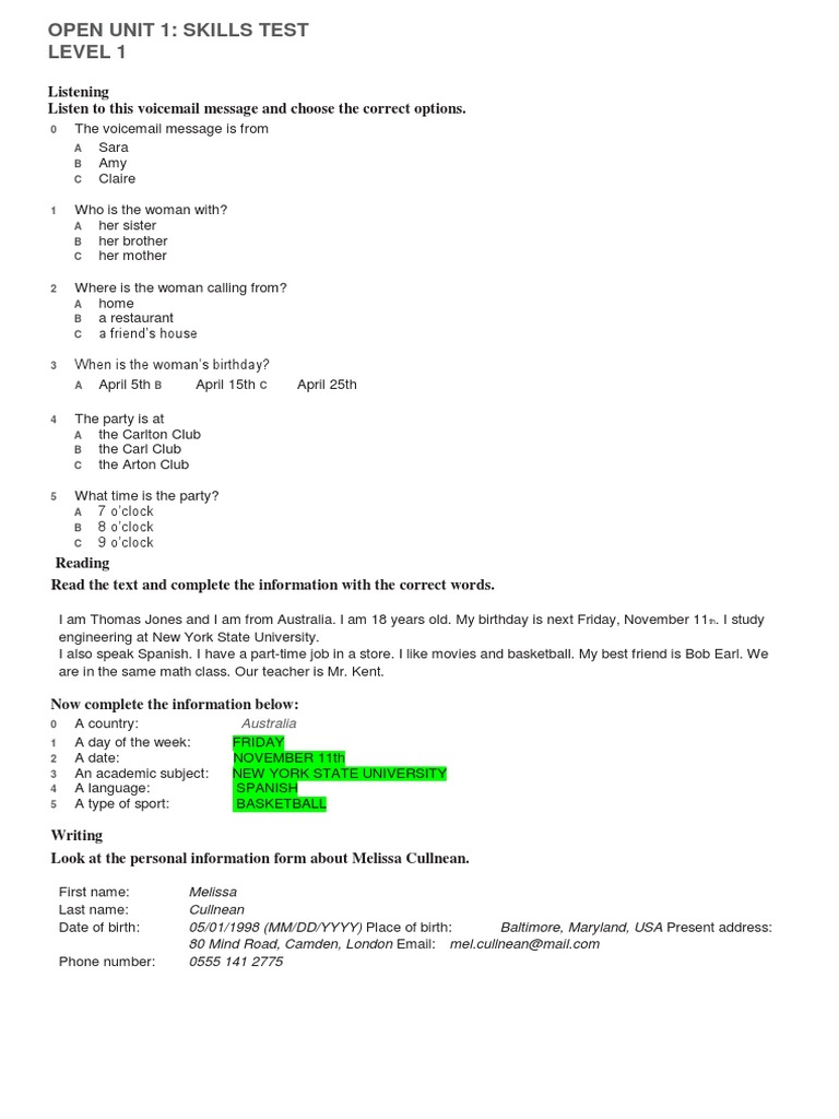 Openmind 1 Unit 1 Skills Test PDF | PDF