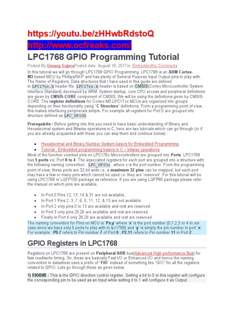 LPC1768 GPIO Programming Tutorial | PDF | Computer Engineering | Computer Architecture