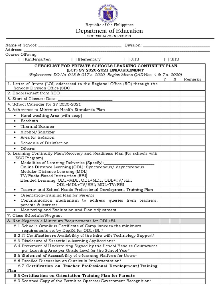 CHECKLIST LCPmodifiedJuly 26 2020 | PDF | Distance Education ...