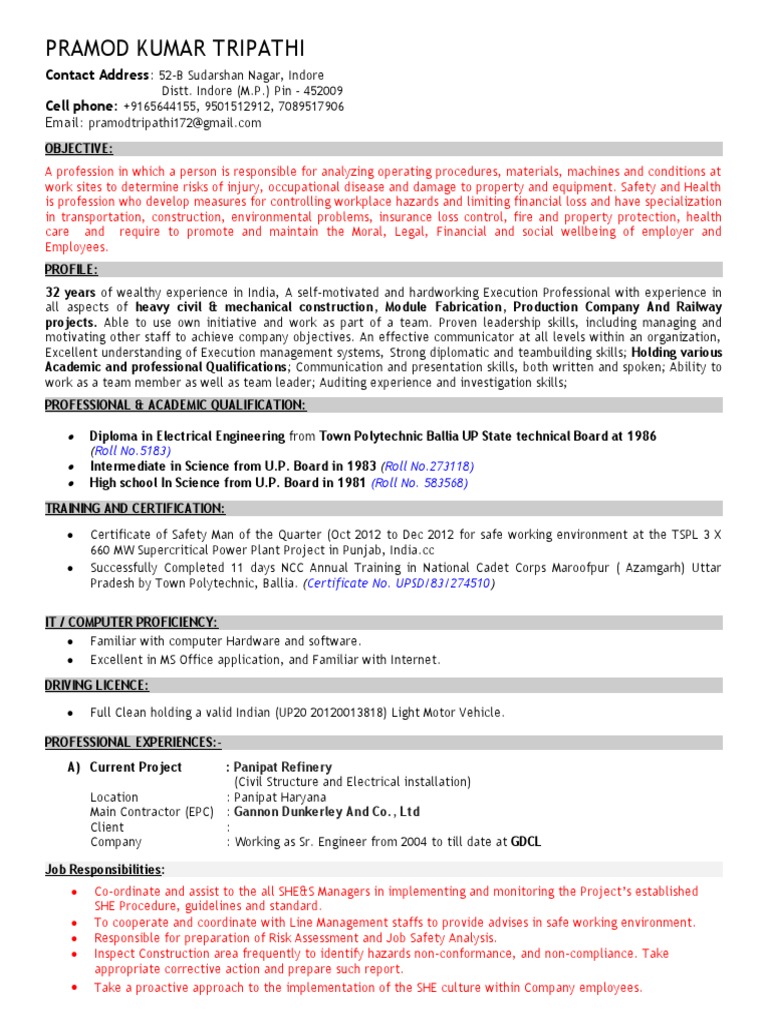 Pramod Kumar Tripathi CV | PDF | Safety | Occupational Safety And Health
