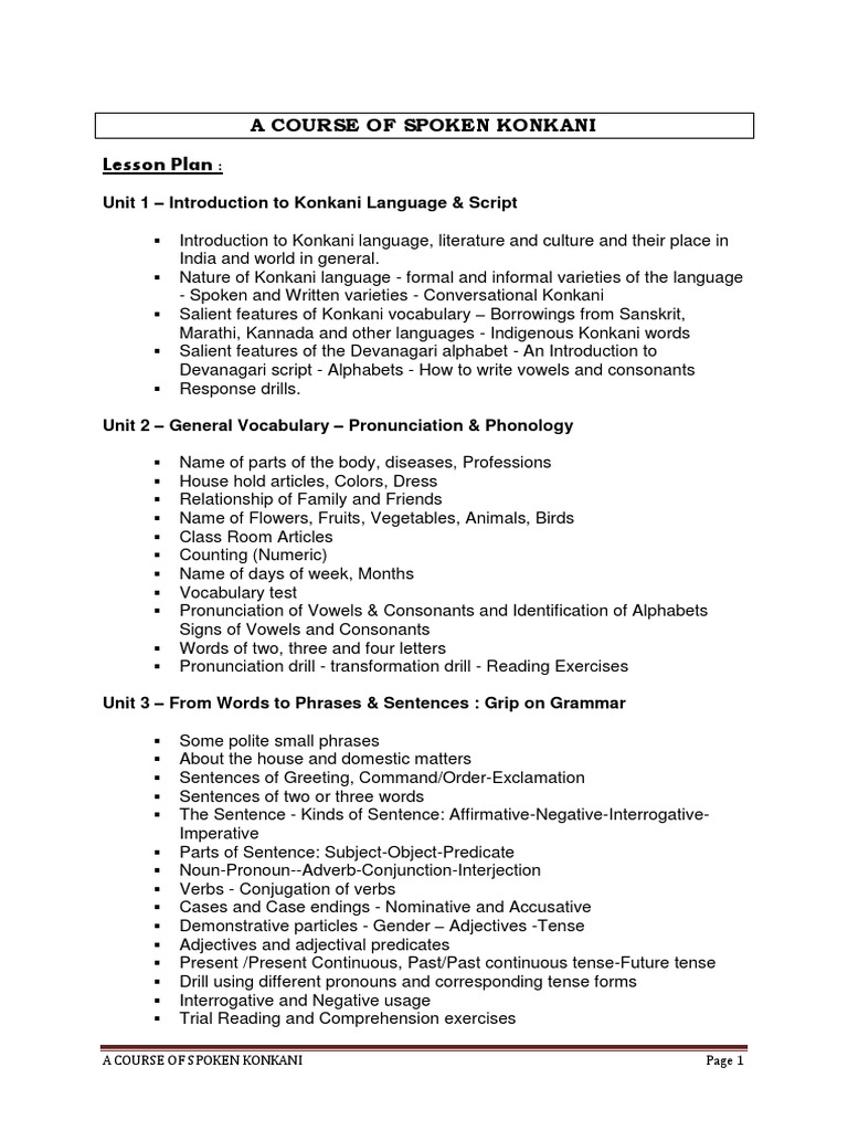 A Course of Spoken Konkani Lesson Plan:: Unit 1 - Introduction To ...
