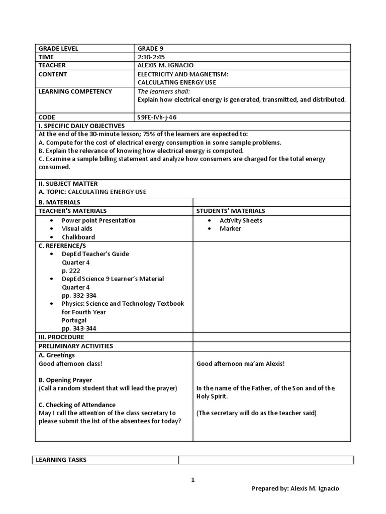 Grade 9 Lesson Plan: Energy Costs | PDF | Kilowatt Hour | Watt