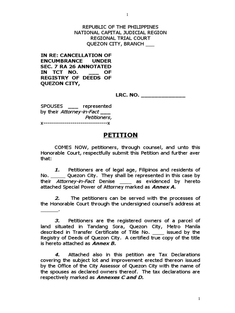 PETITION. Cancellation of Section 7 RA 26 | PDF | Public Law | Property Law