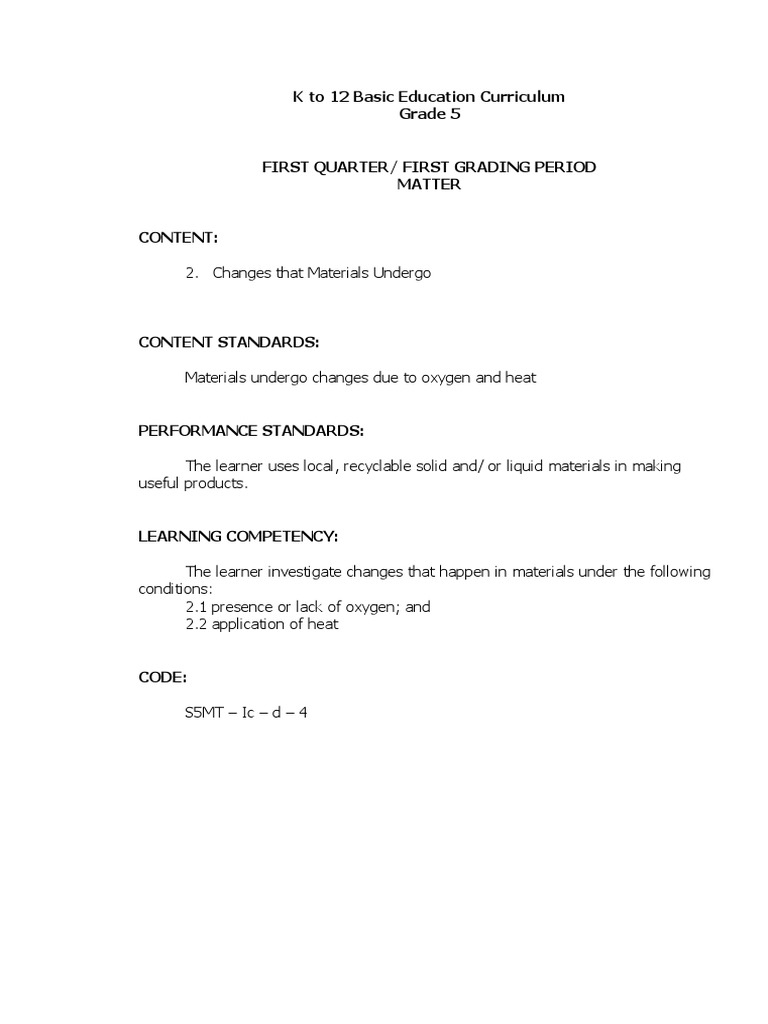 K To 12 Basic Education Curriculum Grade 5 First Quarter/ First Grading ...