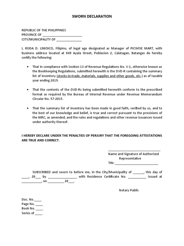 Sworn Declaration: I Hereby Declare Under The Penalties of Perjury That ...