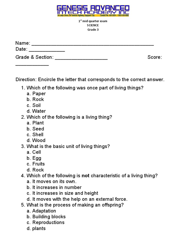 Grade 3 Science Mid-Quarter Exam | PDF | Language Arts & Discipline ...
