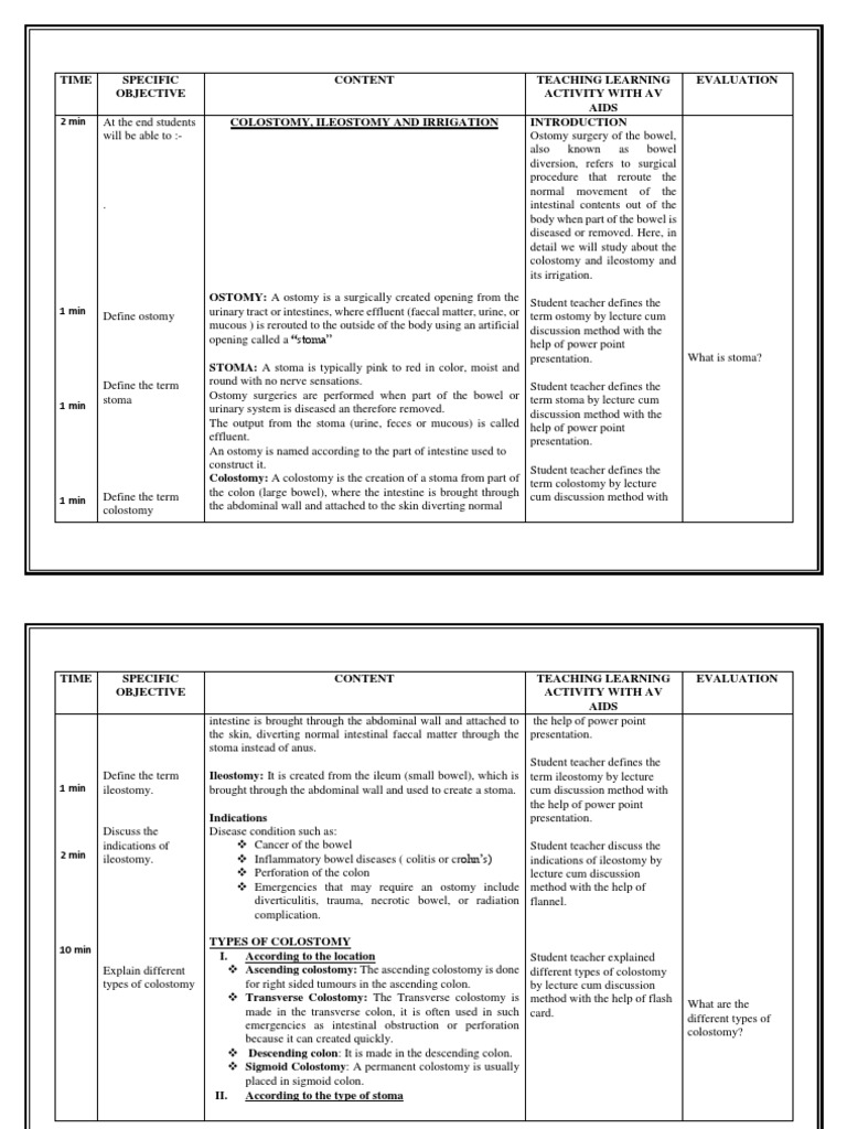 Lesson Plan Colostomy Irigation | PDF | Gastroenterology | Digestive System