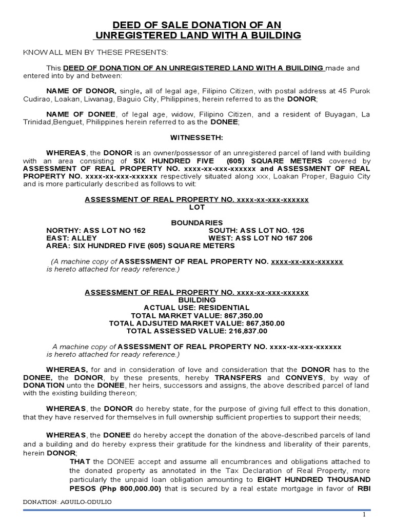 Deed of Sale Donation of An Unregistered Land With A Building | PDF ...