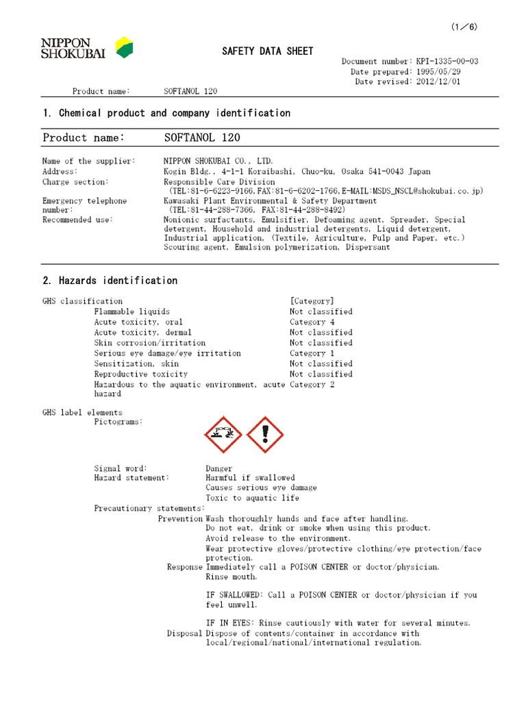 Product Name: Softanol 120: Safety Data Sheet | PDF | Toxicity ...