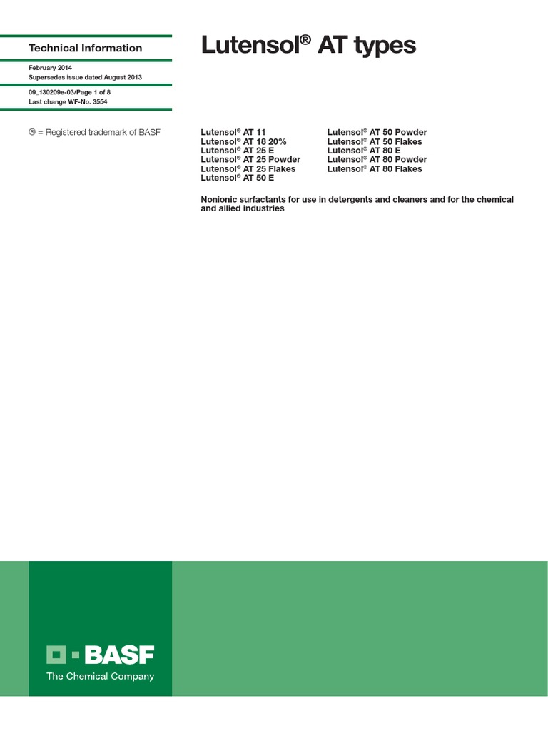 Lutensol AT Types: Technical Information | PDF | Chemical Substances ...