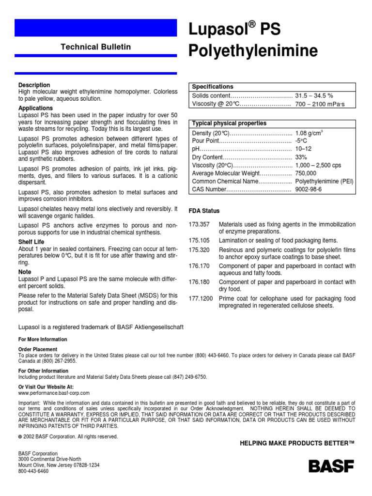Lupasol PS Polyethylenimine: Technical Bulletin | PDF | Paper ...