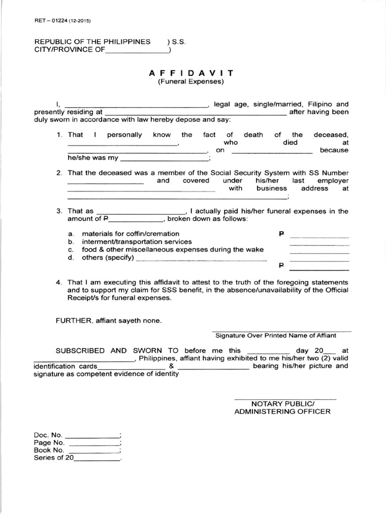 Affidavit Funeral Expense Ret01224 | PDF