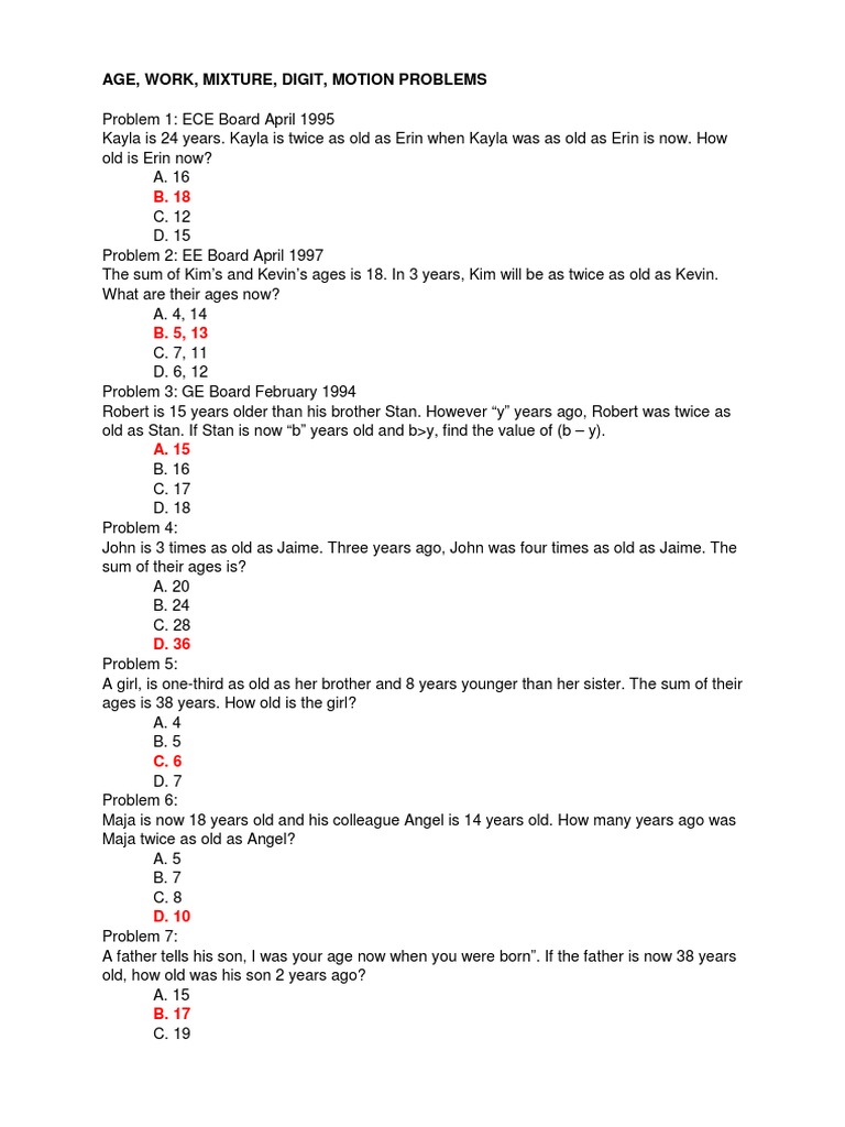 Age Work Mixture Digit Motion Problems | PDF | Fraction (Mathematics ...