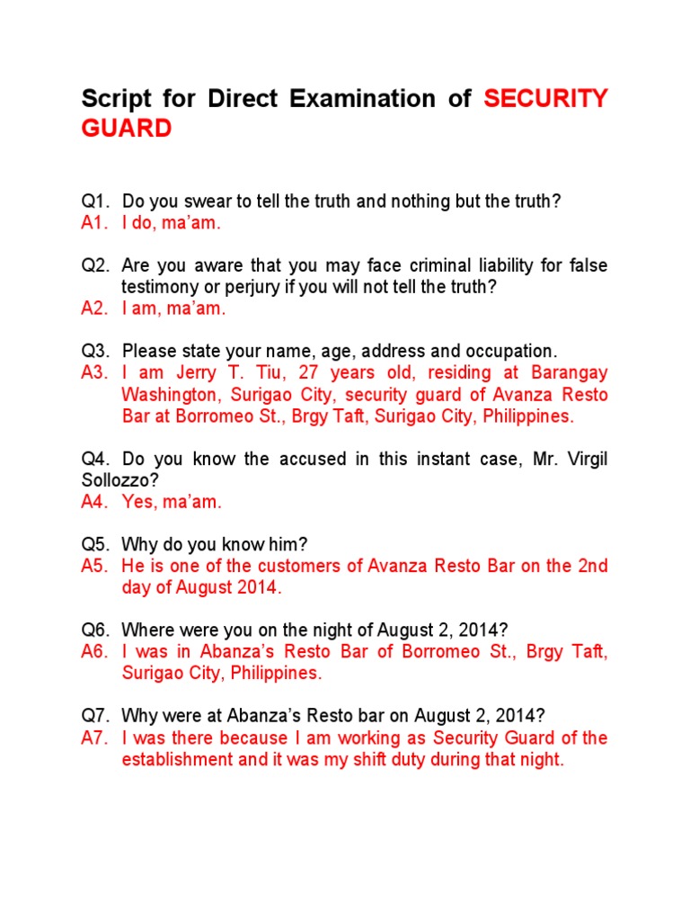 Script For Direct Examination of SECURITY GUARD | PDF | Disabled Sports ...