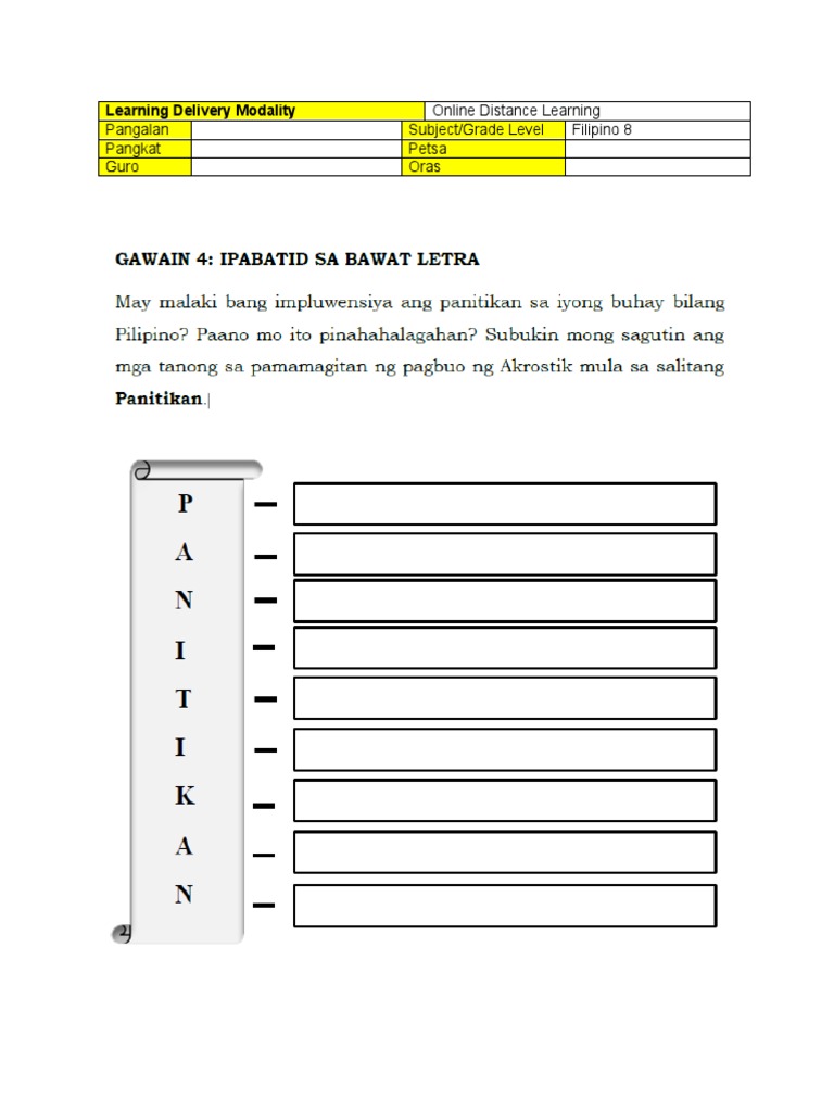 Learning Delivery Modality: Online Distance Learning Pangalan Subject ...