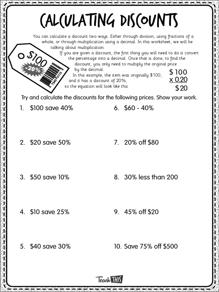 Discount Calculation Worksheet | PDF | Multiplication | Fraction ...