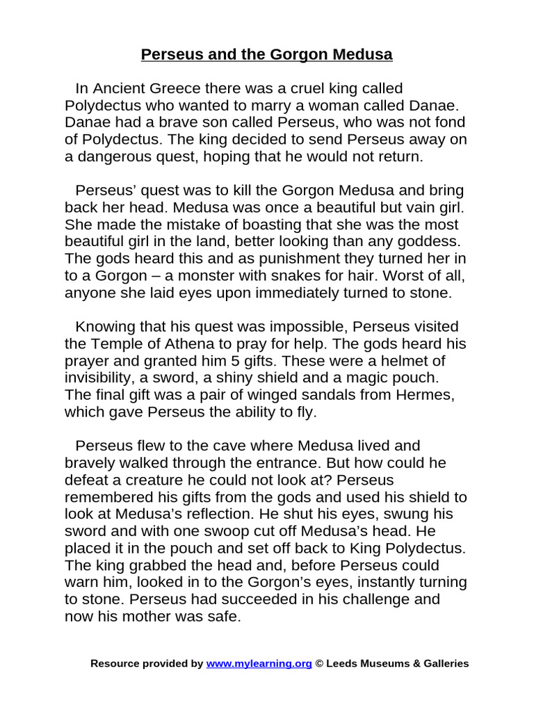 The Story of Perseus and Medusa (Word) | PDF