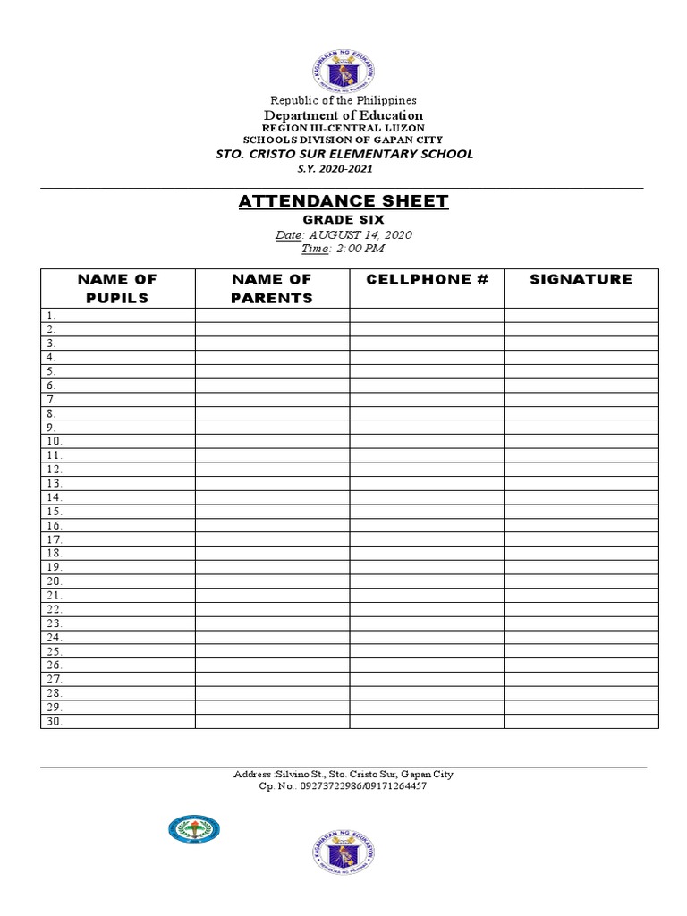 Attendance Sheet: Sto. Cristo Sur Elementary School | PDF