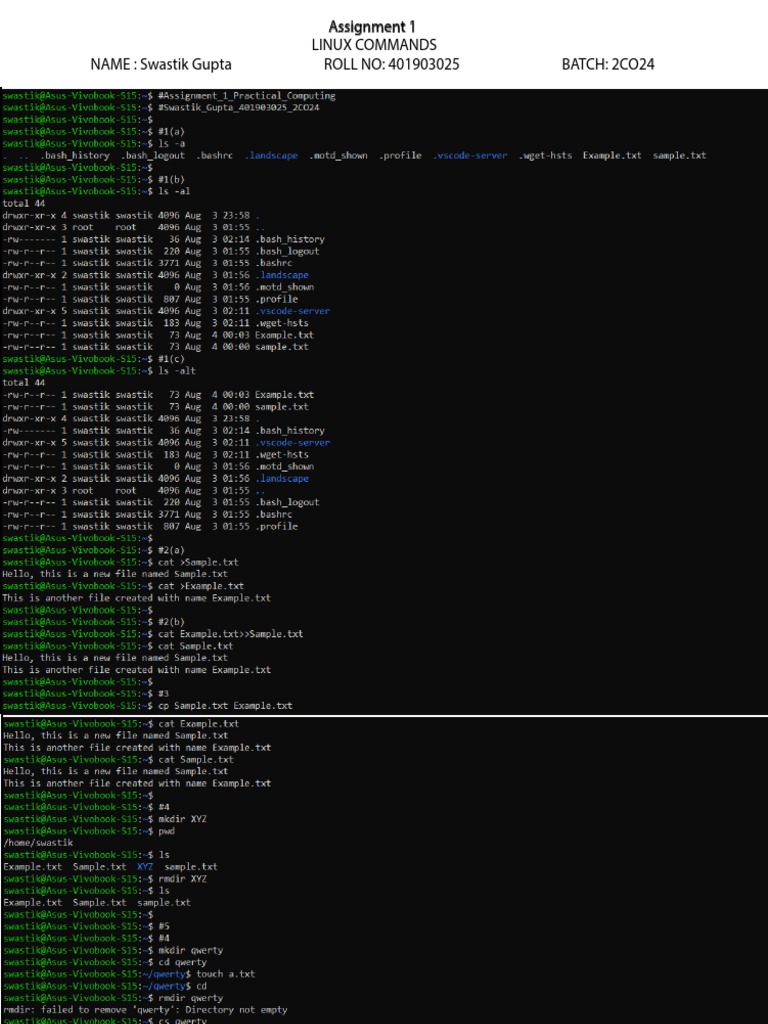 Assignment 1 Linux Commands Name: Swastik Gupta Roll No: 401903025 Batch: 2co24 | PDF