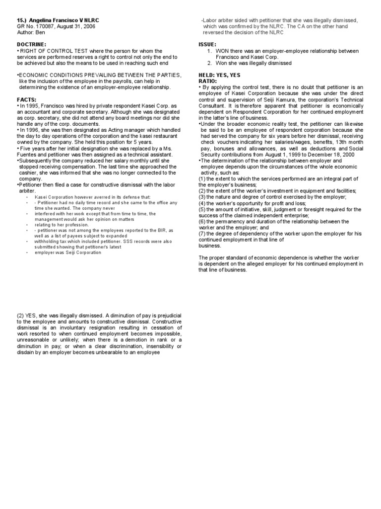 Angelina Francisco V NLRC | PDF | Employment | Salary