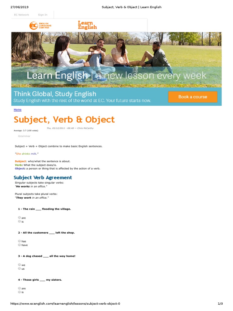 Subject, Verb & Object - Learn English | PDF | Subject (Grammar) | Verb