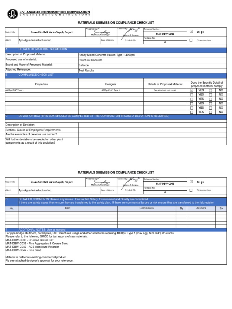Materials Submission Compliance Checklist: A Details of Material ...