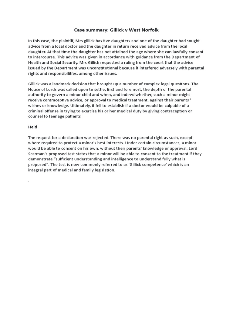 Case Summary: Gillick V West Norfolk | PDF