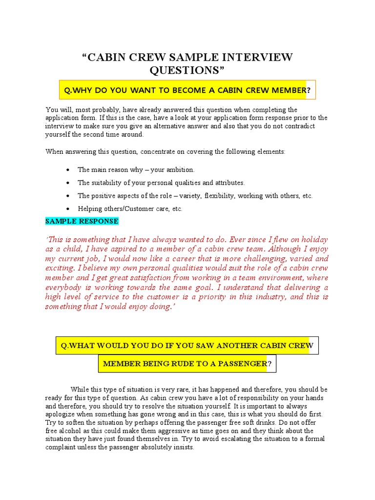 Cabin Crew Sample Interview Questions | PDF | Flight Attendant ...