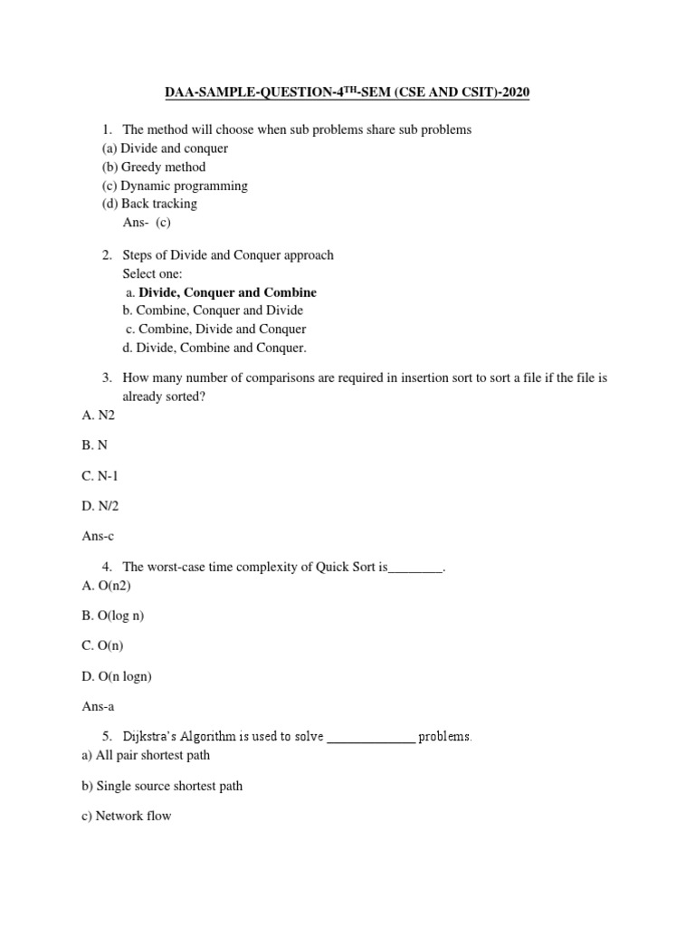 Daa MCQ - Sample-2020 PDF | PDF | Dynamic Programming | Algorithms