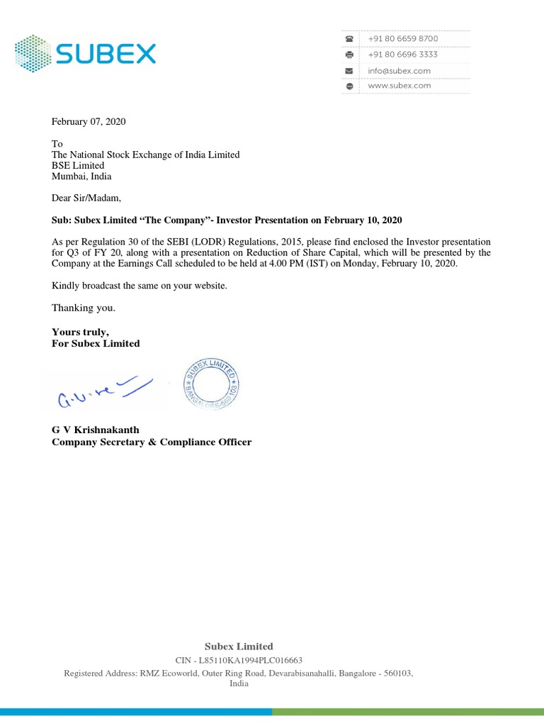Thanking You.: Sub: Subex Limited "The Company"-Investor Presentation ...