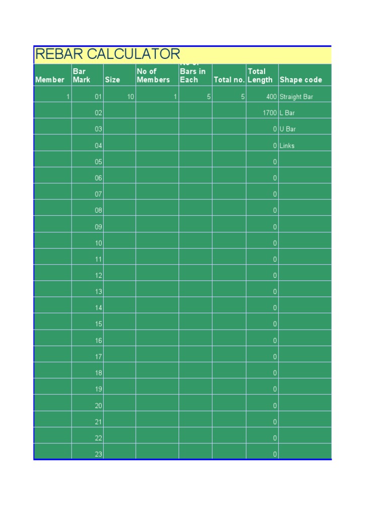 Rebar Calculator: Bar Mark No of Members No of Bars in Each Total ...