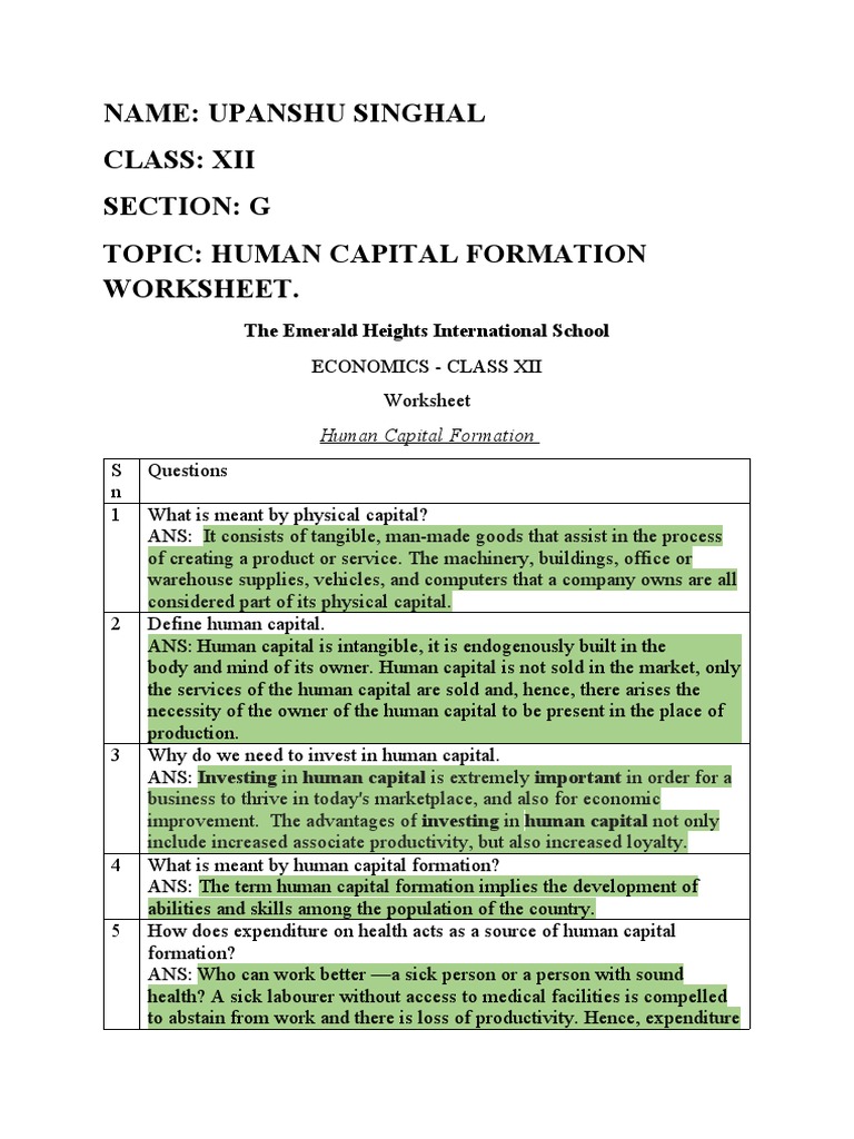 Human Capital Formation Worksheet | PDF | Human Capital | Capital ...