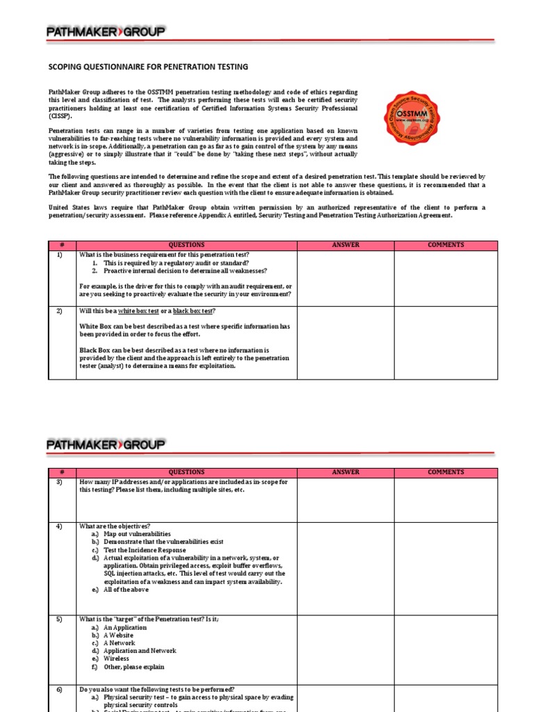 Scoping Questionnaire For Penetration Testing: # Questions Answer ...
