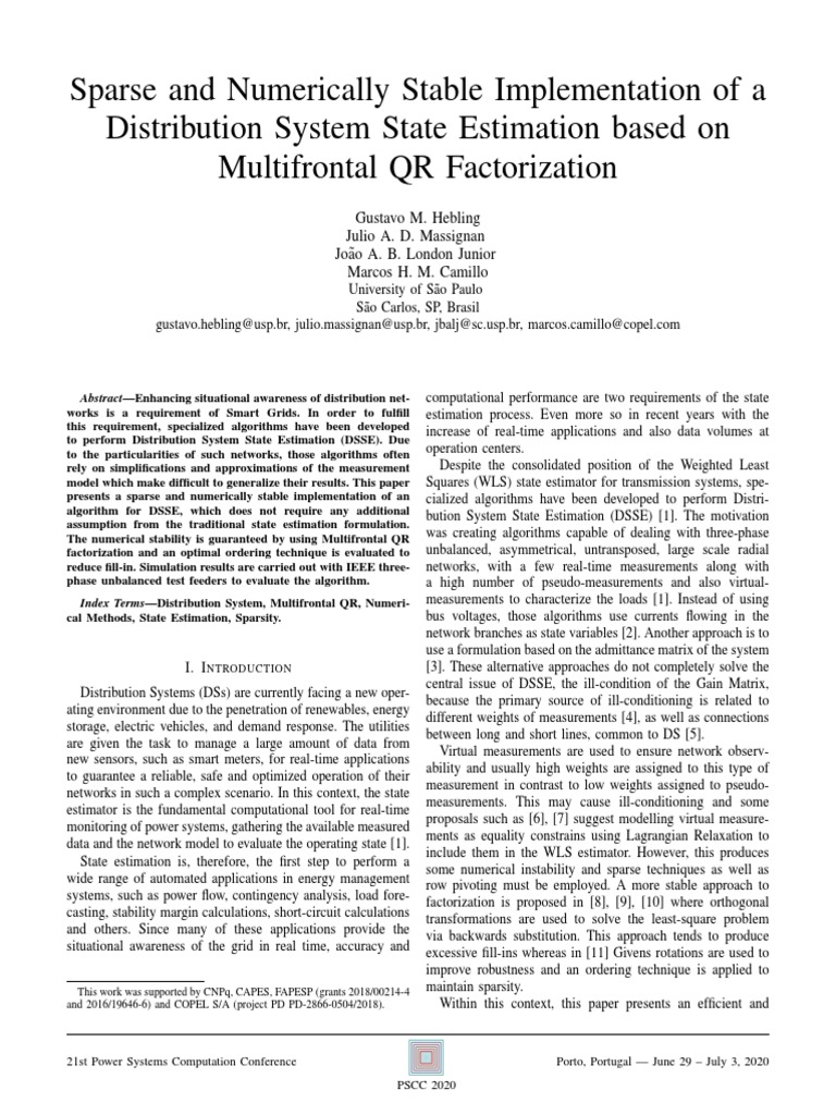 Sparse and Numerically Stable Implementation of A Distribution System State Estimation Based On ...