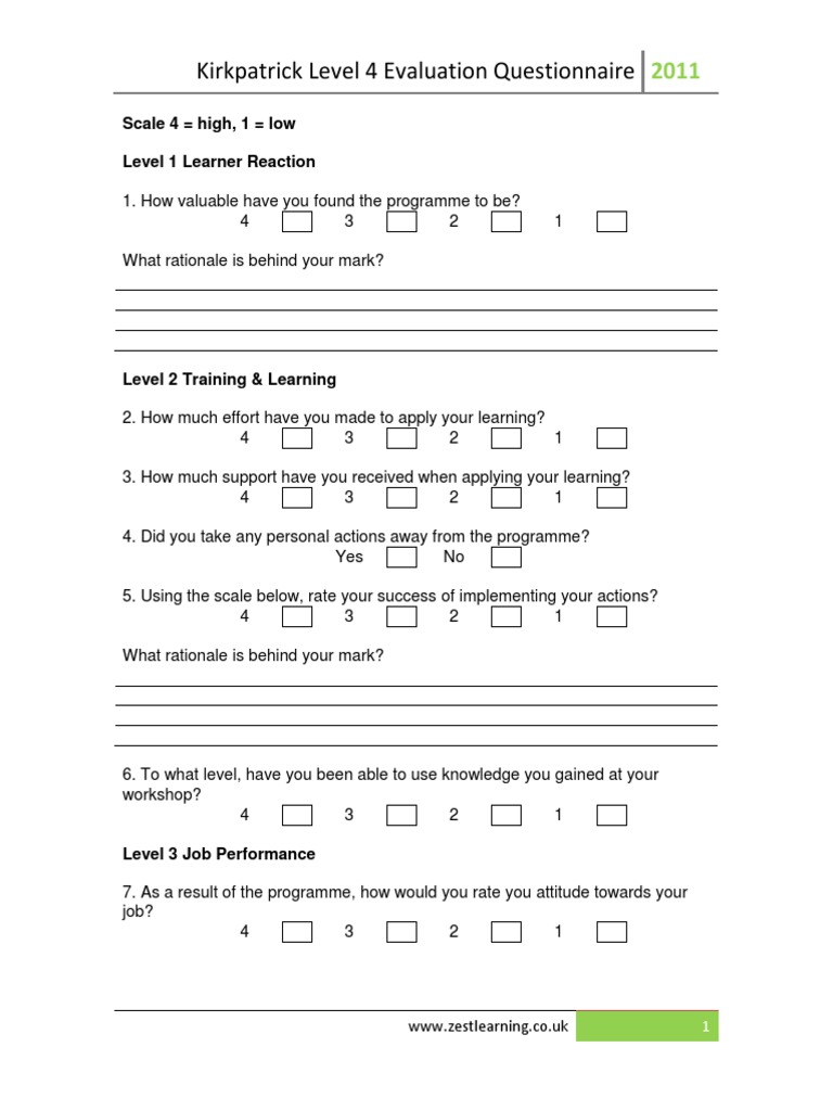 Kirkpatrick Level 4 Evaluation Questionnaire | PDF | Evaluation ...