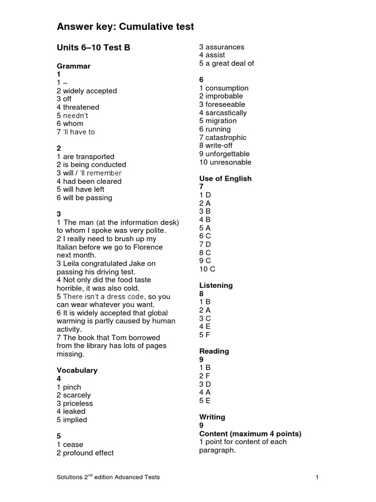 Cumulative Test 6-10B - Key | PDF | Communication