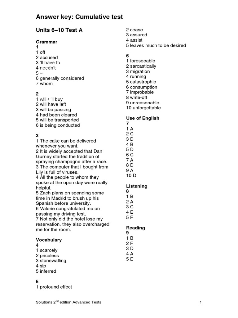 Answer Key: Cumulative Test | PDF | Cognition | Communication