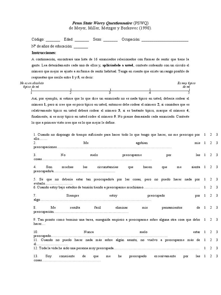 Penn State Worry Questionnaire | PDF