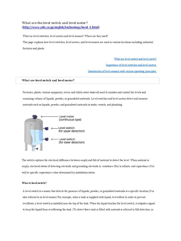 What Are Level Switch and Level Meter? | PDF | Sensor | Buoyancy