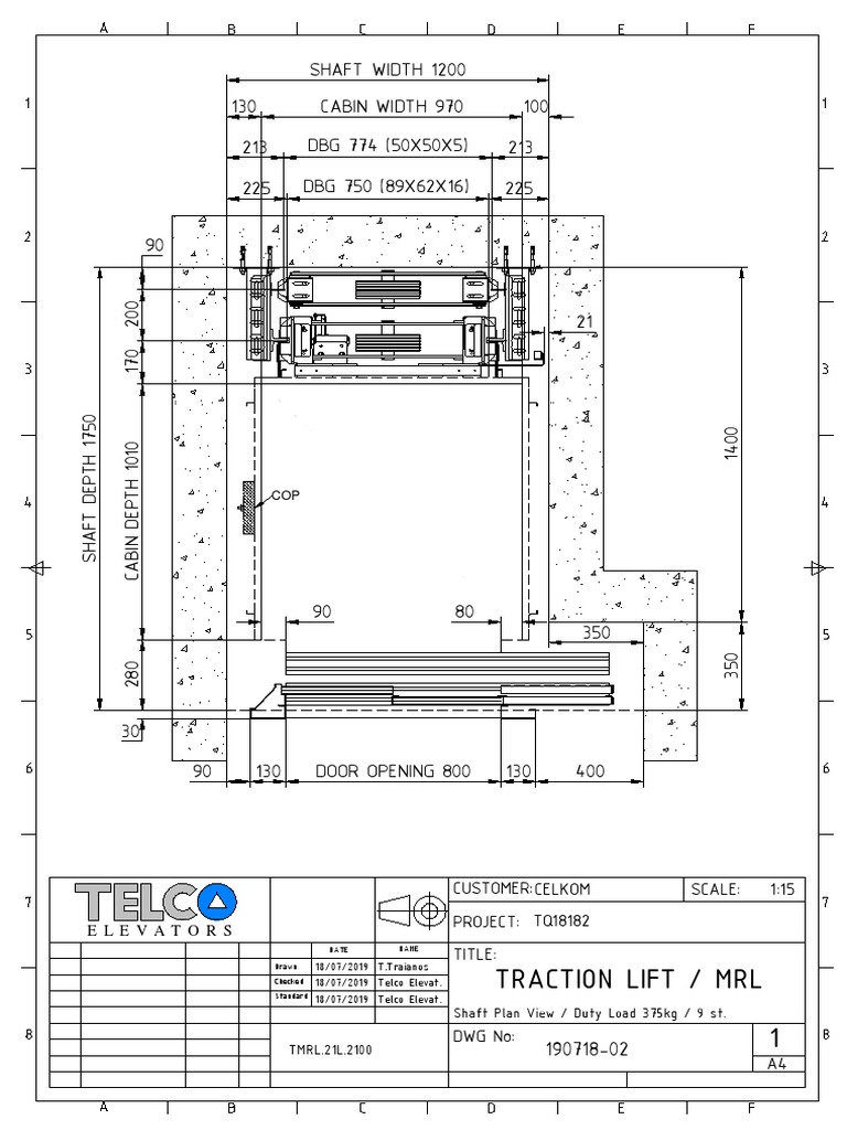 Traction Lift / MRL Shaft Plan View Showing Dimensions for 375kg / 9 st ...