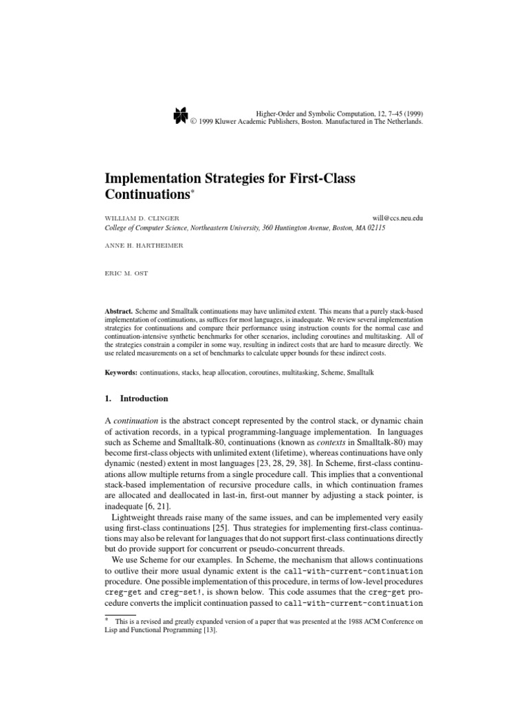 Clinger - Implementation Strategies For First-Class Continuations | PDF | Scheme (Programming ...
